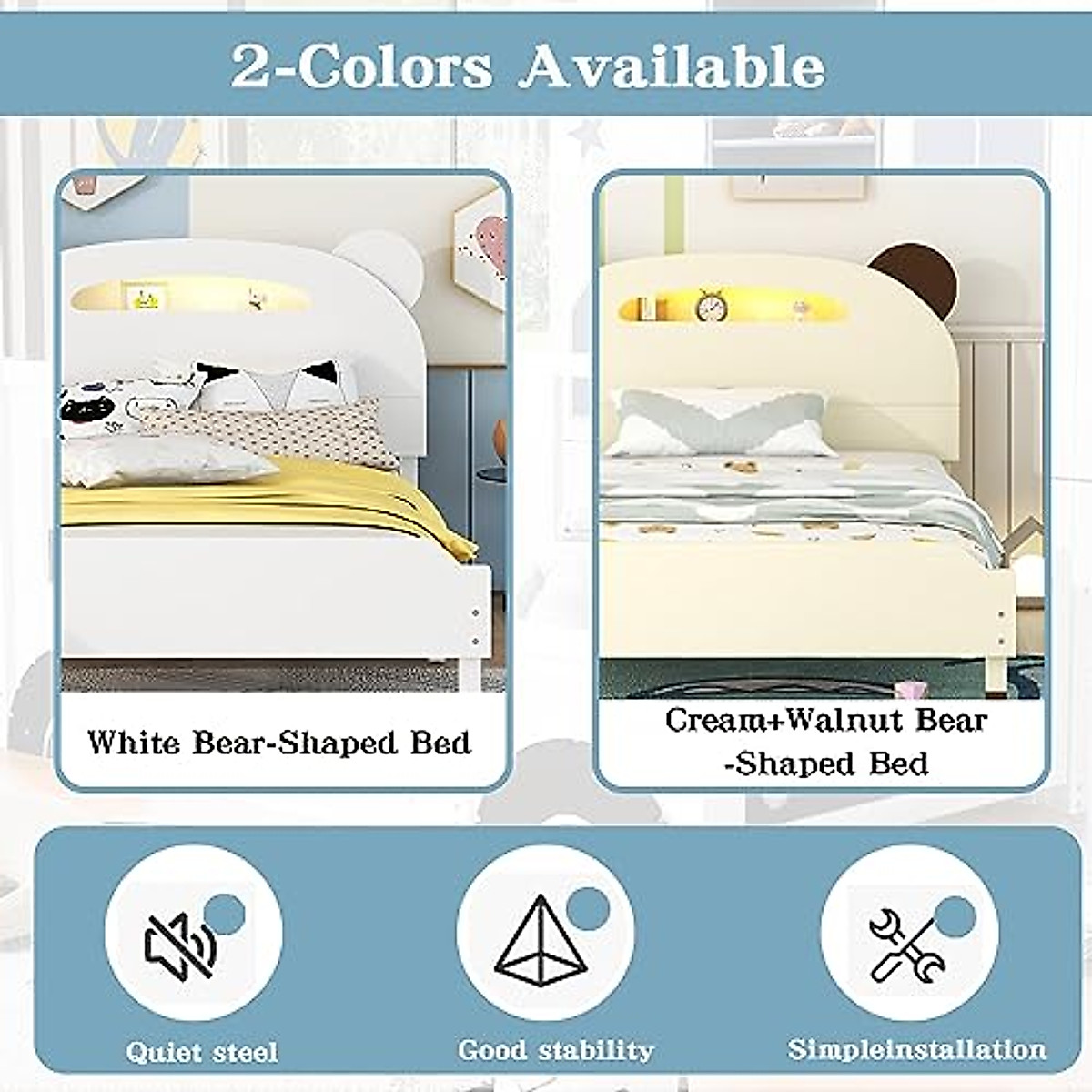 Twin Size Platform Bed with Bear-Shaped Headboard, Wood Frame Bed with Motion Activated Night Lights, Children Beds for Bedrooms, White