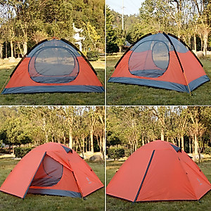 2 Person Backpacking Tent 3-4 Season Windproof Camping Tent Awning Family Tent Two Doors Double Layer with Aluminum rods for Outdoor Camping Family Beach Hunting (Orange-2 Person)