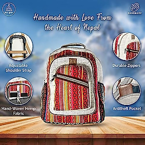 Ojas Yatra Red Hemp Backpack Large - Pure Himalayan Hemp Bag - Multi Pocket Handmade Backpacks for Men & Women - Bohemian Laptop Bag for Travel & Festivals