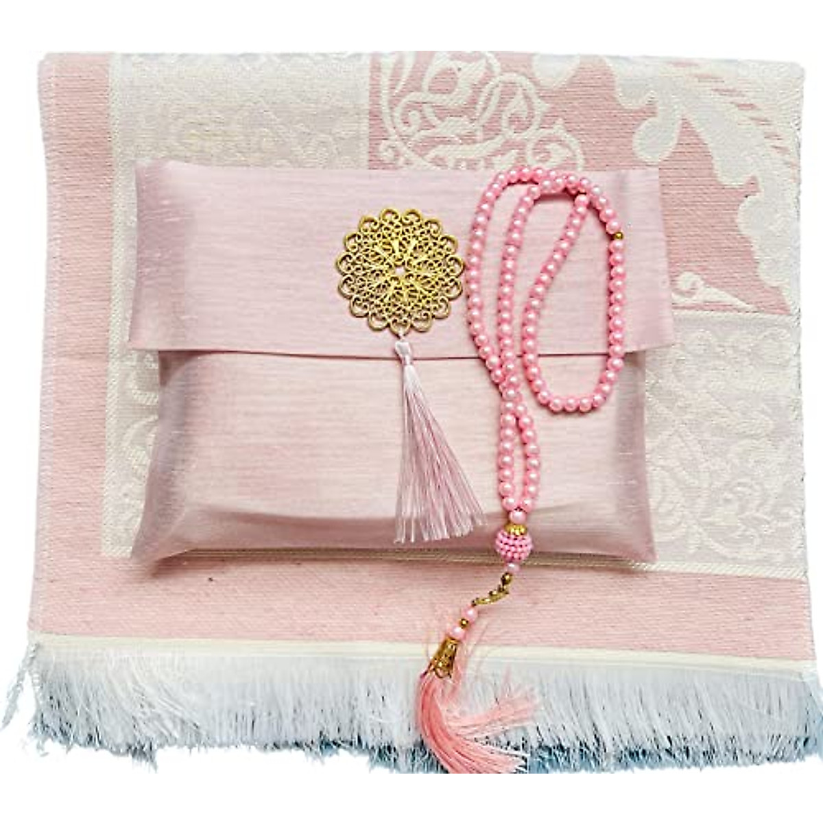 Muslim Prayer Rug and Beads with Elegant Slub Fabric Bag | Janamaz | Sajadah | Soft Islamic Prayer Rug | Islamic & Mawlid Gifts | Prayer Carpet Mat, Taffeta Fabric (Pink, 1 Sets)