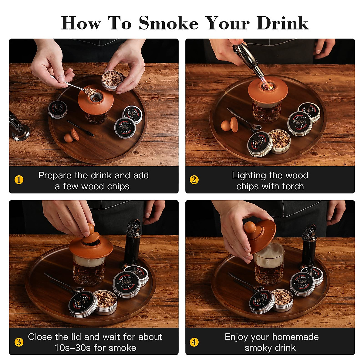 Cocktail Smoker Kit with Torch, Ice Cubes, 4 Flavors Wood Chips, Whiskey Drink Smoker Old Fashioned Smoker Kit for Whiskey Cocktail Wine, No Butane