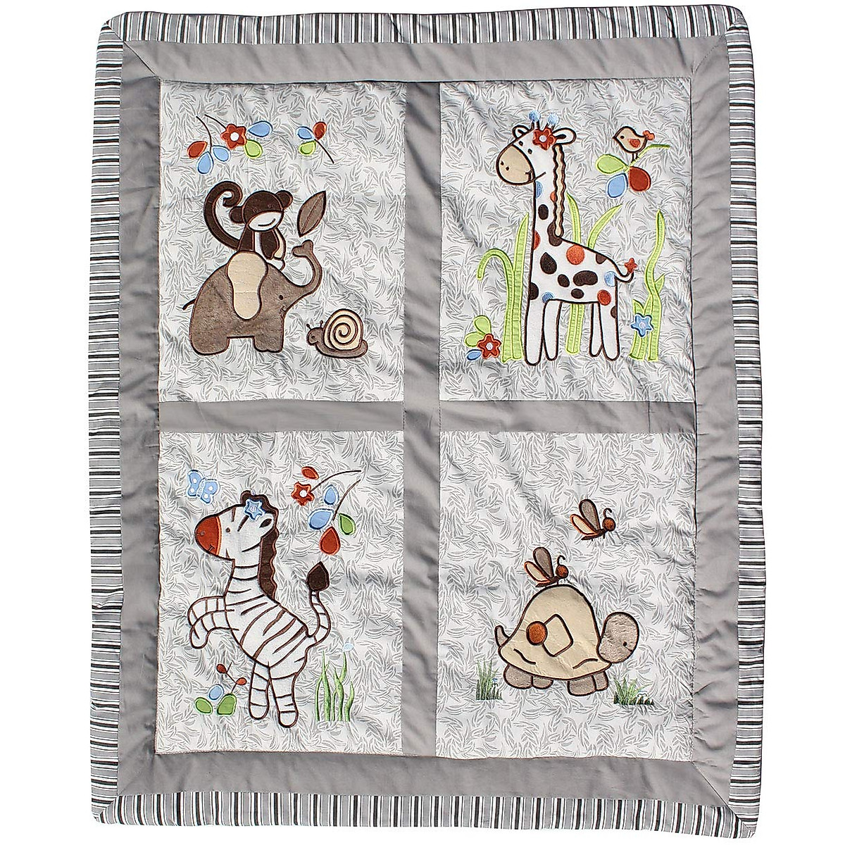 BabyFad Jungle Grey with Elephant, Giraffe, Zebra and Turtle with Musical Mobile Nursery for Boys and Girls, 9 Piece Baby Crib Bedding Set 100% Cotton