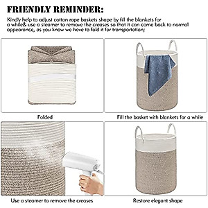 TOTANKI Large Cotton Rope Laundry Storage Basket - 15.7 Inches(D) x 19.7 Inches(H) - Collapsible Woven Basket with Durable Handles for Storing Clothing, Diapers, Toys (White/Brown)