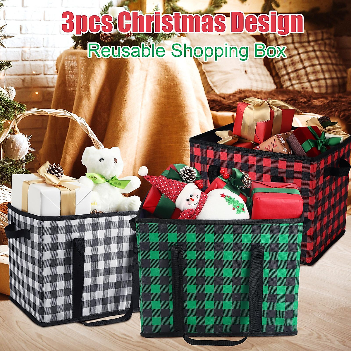 Windyun 3 Pcs Christmas Collapsible Reusable Shopping Box Grocery Bag Set with Reinforced Bottom Large Plaid Holiday Xmas Tote Bags Design Storage Boxes Bins Cubes, 3 Styles
