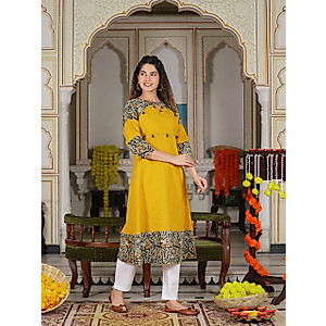 Yash Gallery Women's Cotton Blend Kalamkari Print A-Line Kurtis (Mustard Yellow)
