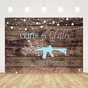 Ticuenicoa Guns or Glitter Gender Reveal Backdrop Rustic Brown Wooden Photography Background He or She Boy or Girl Blue or Pink Baby Shower Cake Table Party Photo Shoot Props Booth Studio Banner 7x5ft