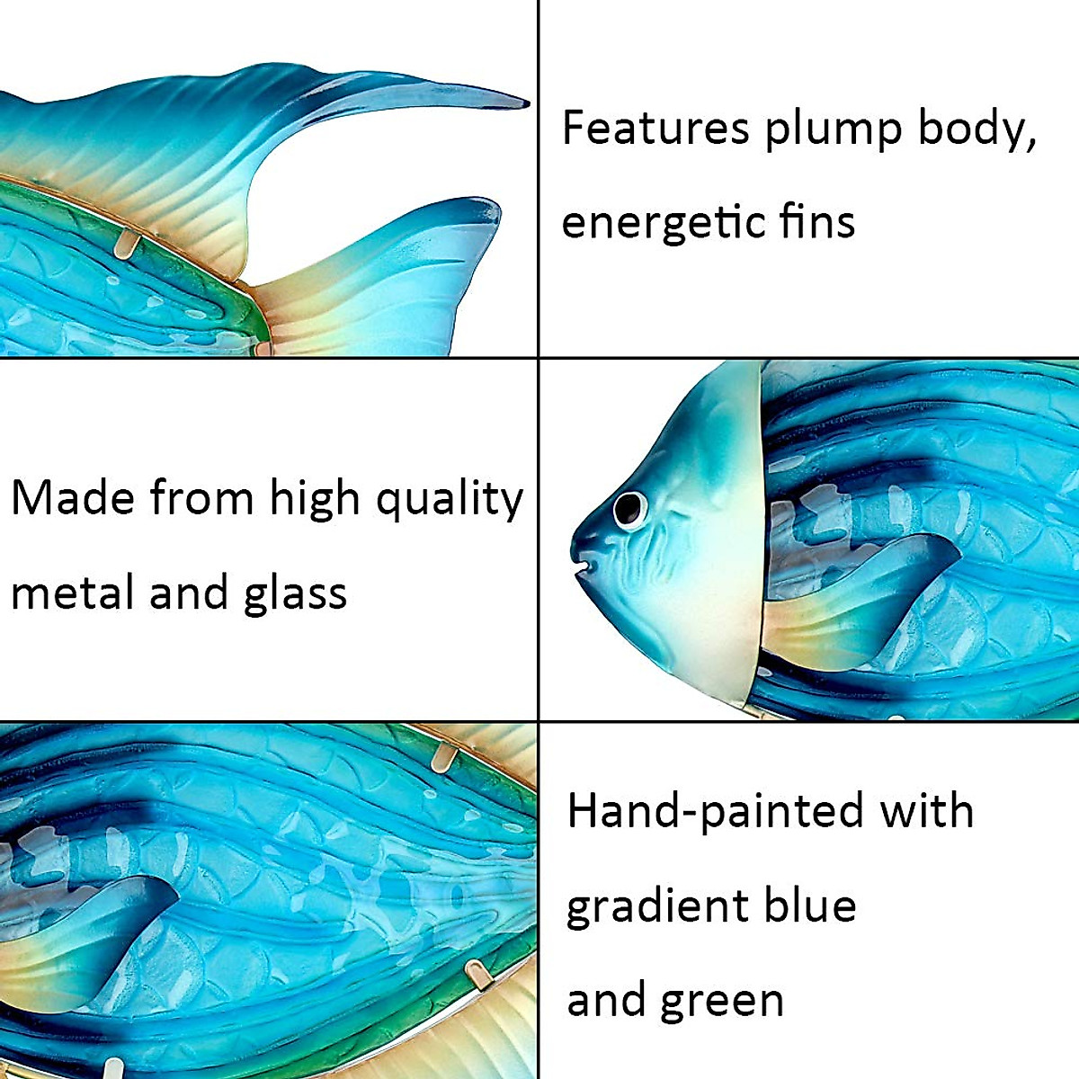 Tfro & Cile Metal Fish Wall Decor Bathroom Glass Art Iron Sculpture Outdoor Blue Ocean Hanging Decoration for Home Bedroom Garden Patio Porch or Fence
