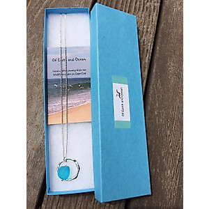 Ocean Waves Sea Glass Pendant Necklace, with sterling silver chain,Handmade Silver Plated Hoop with TumbledTurquoise Sea Glass
