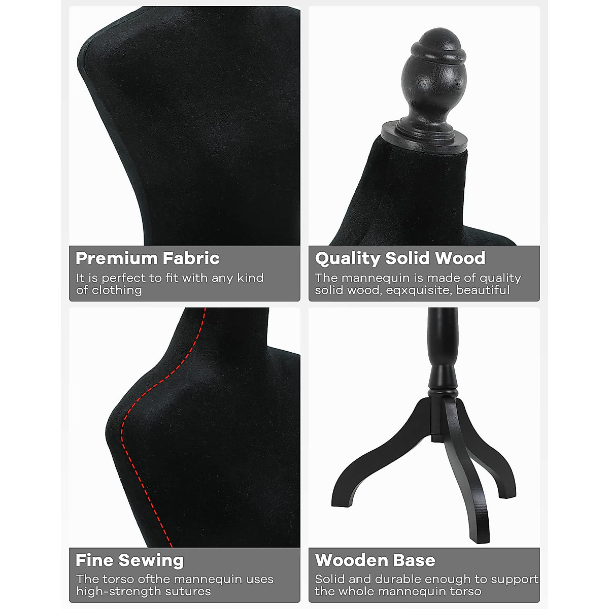 Mannequin Body, Mannequin Torso Mannequin Stand Dress Form 49.6-63.4 Height Adjustable Maniquins Body Female, Portable Displays Women for Sewing Wooden Tripod Base, Foam Body (Black)