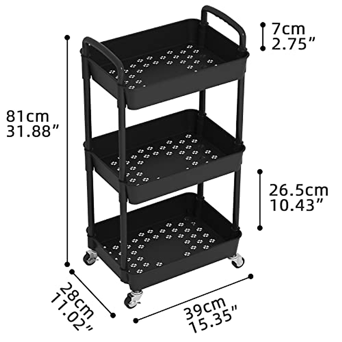 JIUYOTREE 3-Tier Rolling Storage Cart Utility Cart with Lockable Wheels for Living Room Bathroom Kitchen Office Black