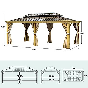 YITAHOME 12x20ft Hardtop Gazebo with Nettings and Curtains, Wood Grain Heavy Duty Double Roof Galvanized Steel Outdoor Combined of Vertical Stripes Roof for Patio, Backyard, Deck, Lawns, Brown