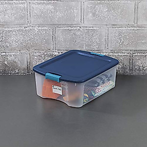 Sterilite 12 Gal Latch and Carry, Stackable Storage Bin with Latching Lid, Plastic Container to Organize Closets, Clear with Blue Lid, 6-Pack