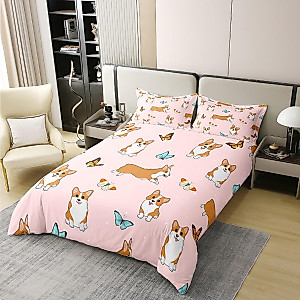 Cute Corgi 100% Cotton Duvet Cover Twin for Girls Kawaii Dog Bedding Set, Cartoon Puppy Pugs Comforter Cover with Zipper Closure Pet Themed Bed Sets, Animal Bedding for Boys Kids Teens Bedroom