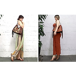 Aztec Tribal Print Canvas Vegan Leather Side Fringe Large Hobo Tote Handbag Wallet Set (Beige)