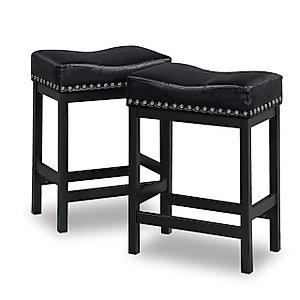 OUllUO Black Bar Stools Set of 2, Counter Height Bar Stools, Saddle Barstools, Pu Leather Stools with Metal Frame for Kitchen Island, 918P-BK