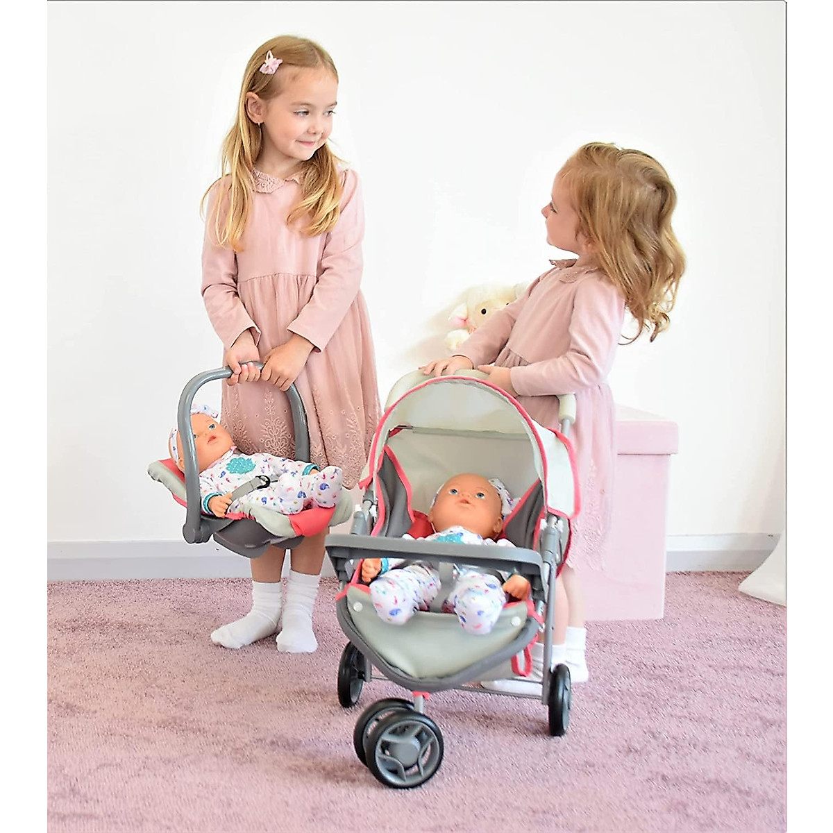 KOOKAMUNGA Baby Doll Stroller Travel System - Retractable Canopy, Feeding Tray, Soft Handle & Swivel Wheels - Pink Gray