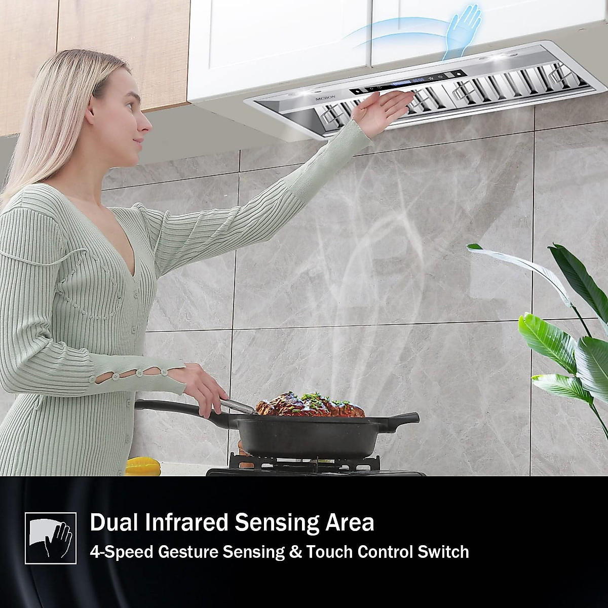 MCBON Range Hood Insert 30 Inch, 900 CFM Insert Range Hood, Touch Control Range Hood Insert, Remote & Gesture Sensing Vent Hood Insert, 4-Speed Hood Range Insert, Stainless Steel Range Hood, AE88-30