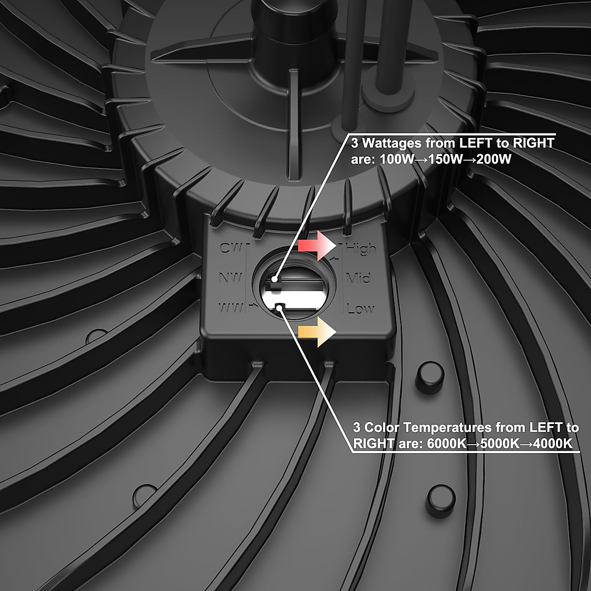 Hylele UFO LED High Bay Shop Light 200W/150W/100W Adjustable 6000K/5000K/4000K Dimmable Commercial Bay Lighting 100-277V Plug&Play, Microwave Motion Sensor with Remote Control