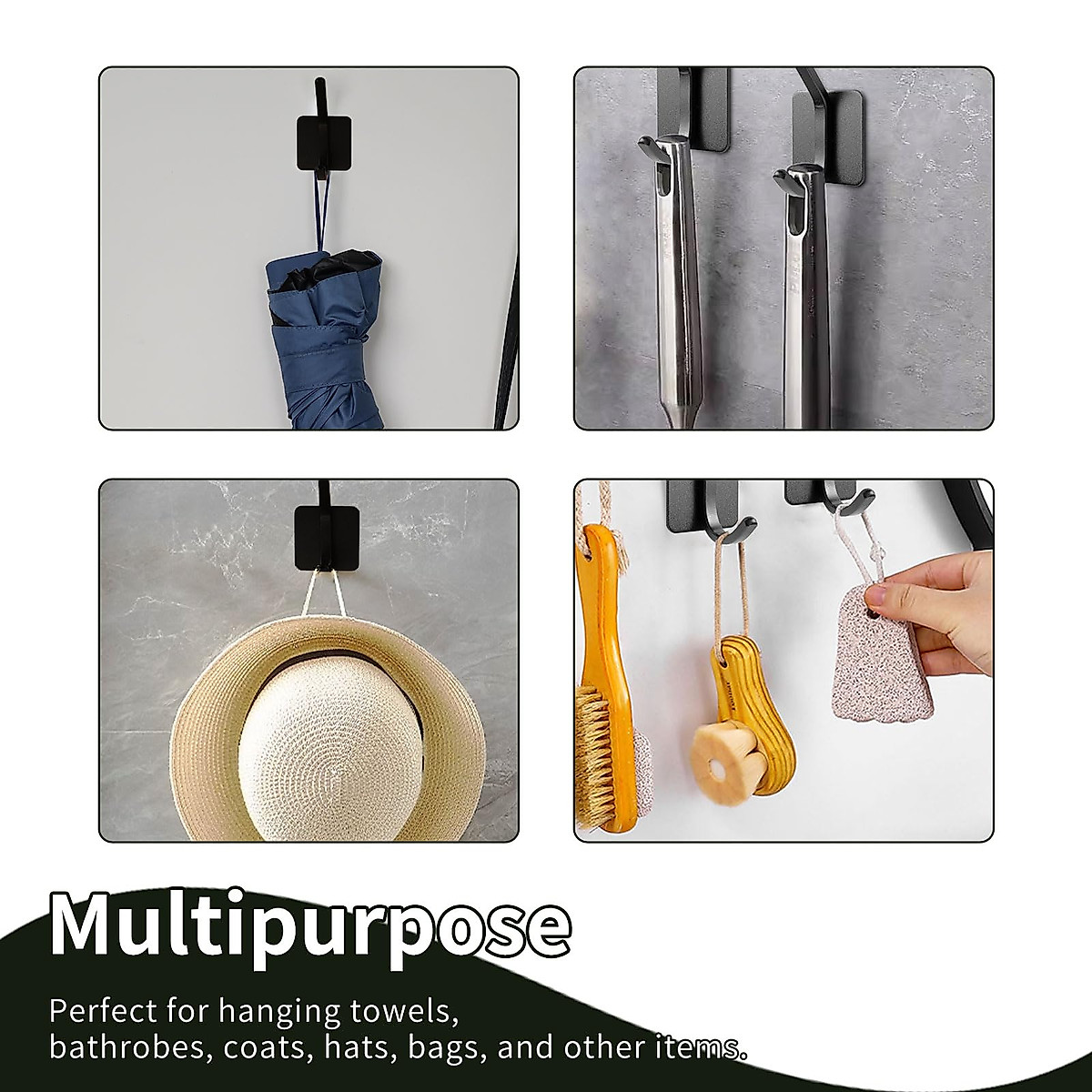 TAKORUY Heavy Duty Adhesive Hooks, Self-Adhesive Hooks, Brushed Space Aluminum Wall Hooks, Multiple Colors and Styles, 50 lb Maximum Load, Metal Coat Hook for Kitchen Home Schools and Offices (Black)