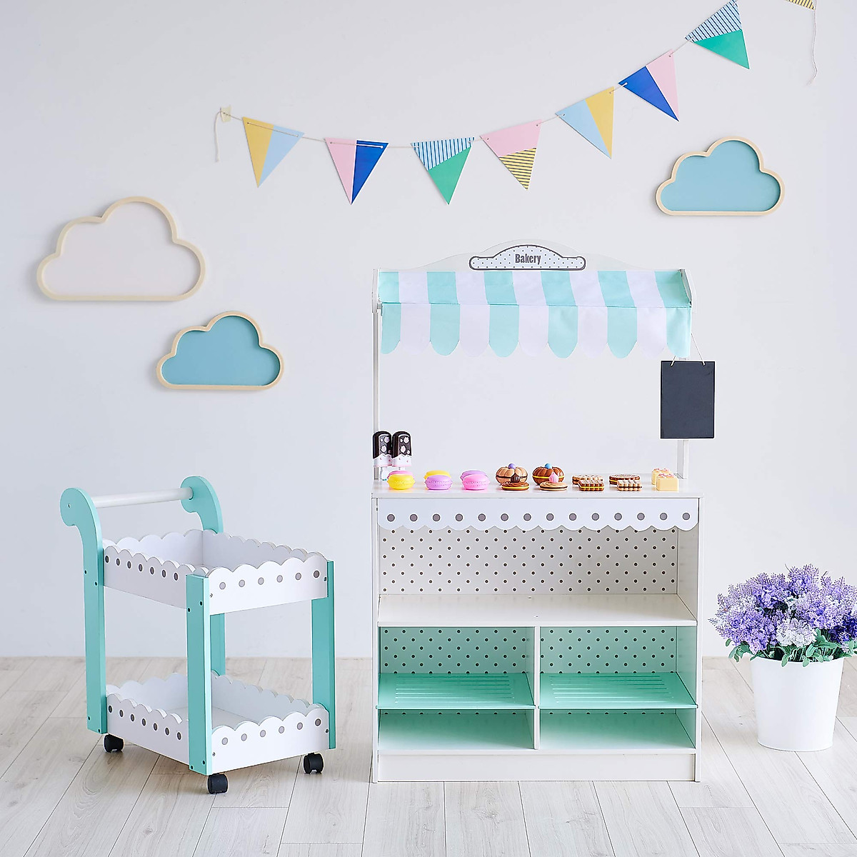 Teamson Kids My Dream Bakery Shop Dessert Stand and Rolling Pastry Cart Interactive Wooden Play Set with 18 Pretend Baked Goods, White and Mint Green with Gray Polka Dot Accents