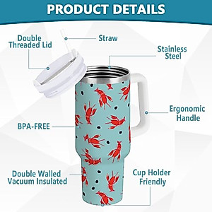 Caikeny Insulated Tumblers with Lid and Straw Brown Red Crayfish 40 oz Reusable Stainless Steel Cup Summer Water Bottle Coffee Travel Tumbler Mug for Women Men