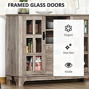 HOMCOM Kitchen Sideboard, Glass Door Buffet Cabinet, Coffee Bar Cabinet with Storage Drawers & Adjustable Shelves for Living Room, Grey