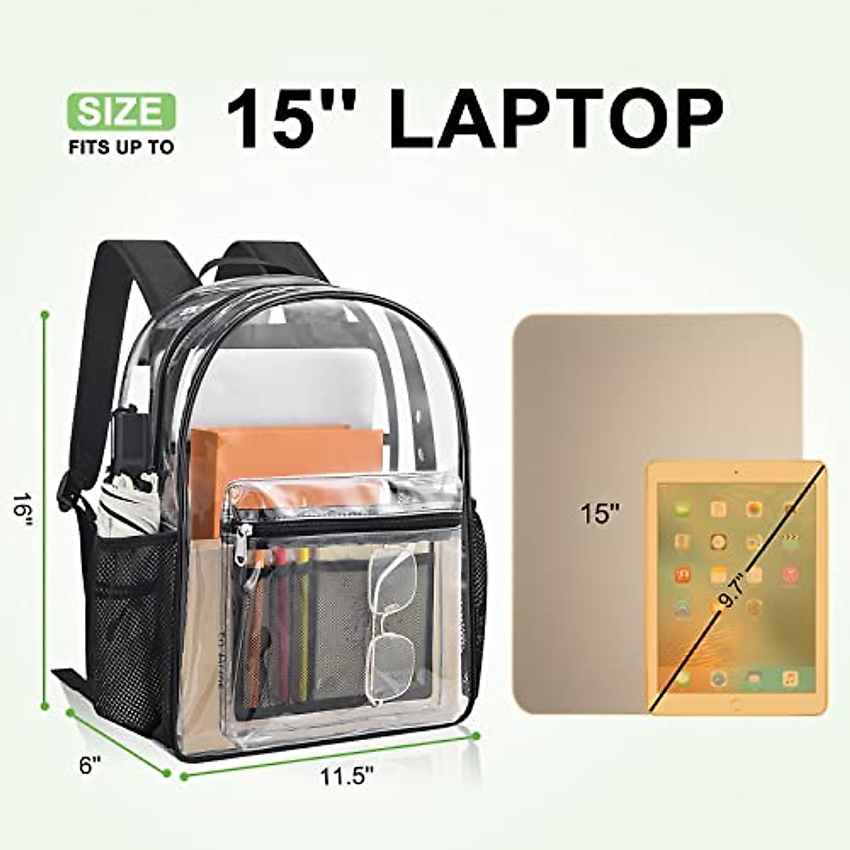 AROUVOG Clear Backpack for School, Heavy Duty PVC Transparent Backpack, Clear Book Bag,See Through Backpacks for College Concert Travel (Medium)