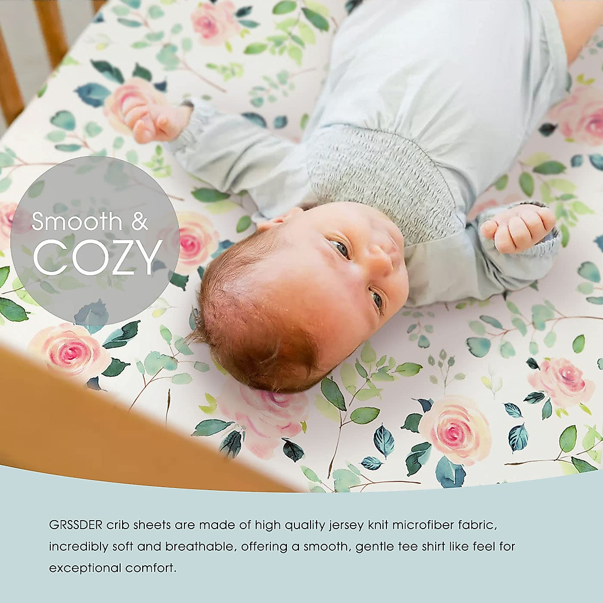 GRSSDER Stretchy Ultra Soft Jersey Knit Fitted Crib Sheets Set 2 Pack, Cozy Crib Sheet Girl Fits All Standard Crib Mattress Pads, Beautiful Pink Rose Print