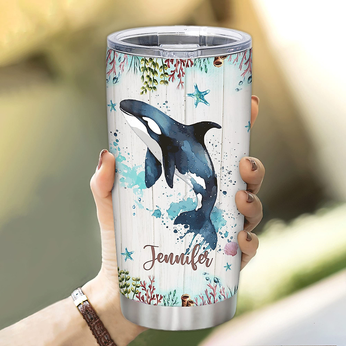Hyturtle Personalized Gifts For Orca Lover - Just A Girl Who Loves Orcas Custom Name Stainless Steel Tumbler 20oz With Lid - Idea Ocean Animal Lover Gifts For Women Girl On Birthday, Christmas