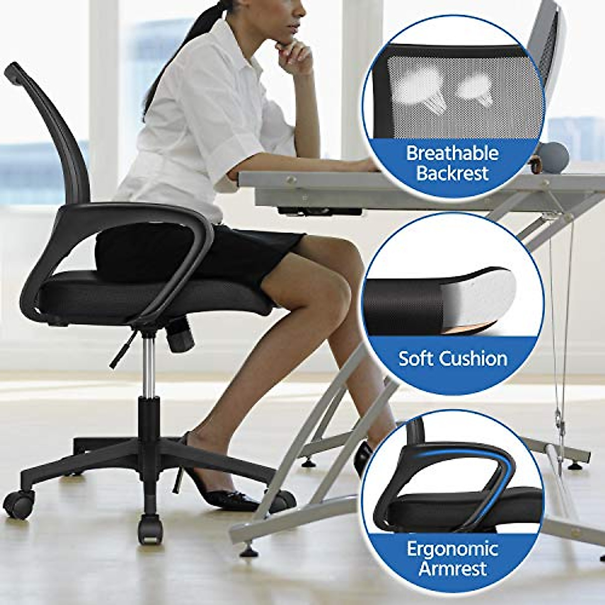 Yaheetech Home Office Modern Desk and Chair Set Computer Desk w/Drawer & Shelves with Ergonomic Mesh Height Adjustable Office Chair