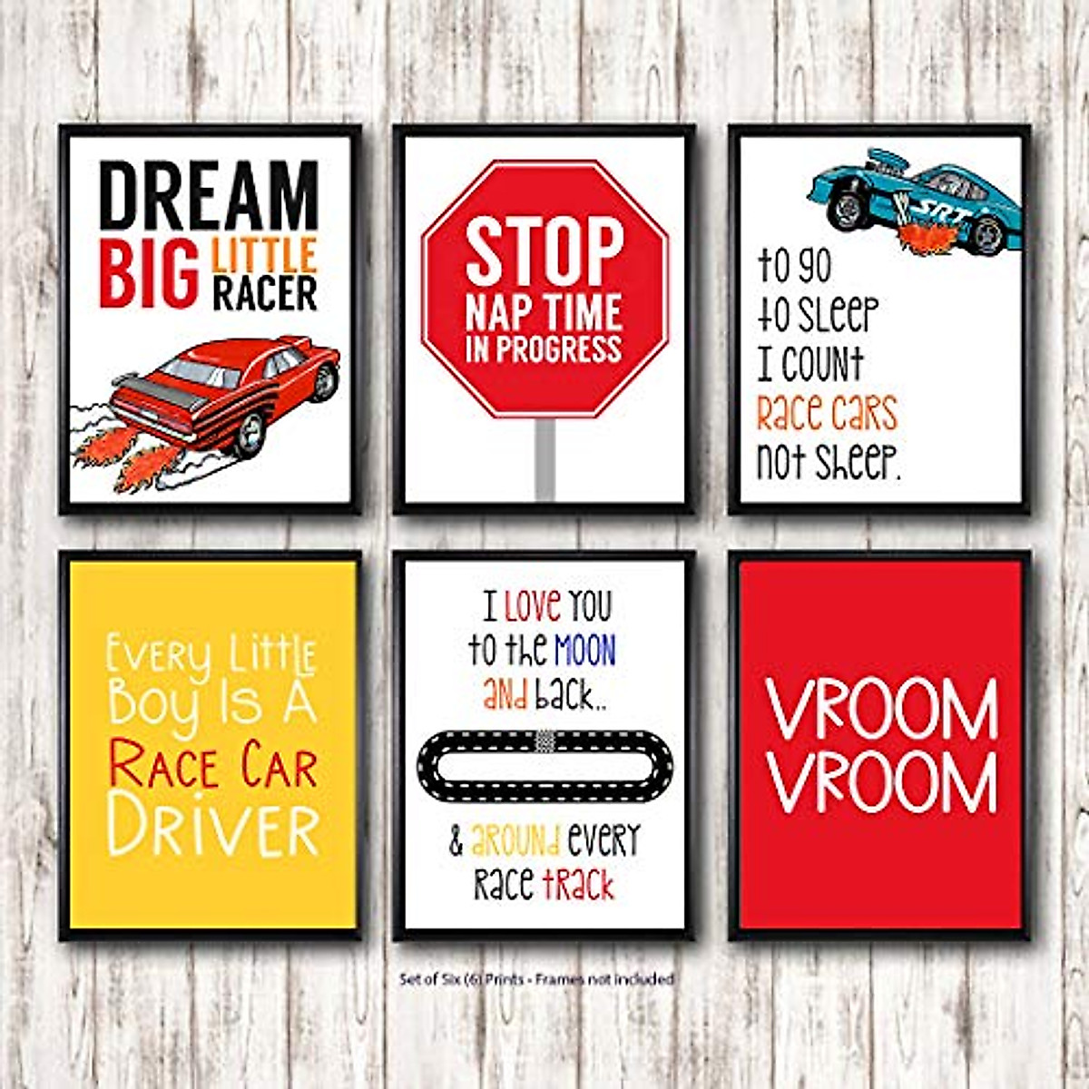 Dream Big Little Racer - Art Print Design Wall Room Home Bedroom Nursery Decor Wheel Set - Bright Race Hot Car (Set of Six) Poster Sign Picture