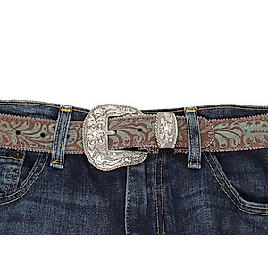 Western Scroll Buckle with Turquoise Tinted Embossed Brown Leather Belt (S)