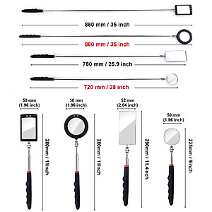 KABUDA 4PCS Telescoping Inspection Mirror LED Lighted Inspection Mirror for Mechanic Checking Vehicle, Car, Eyelashes, Mouth, Small Parts Observation (Extendable, Rectangle & Round)