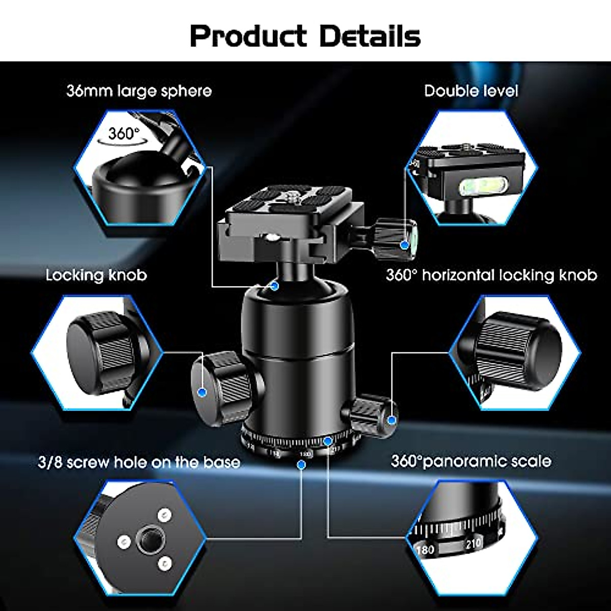 Manbily Professional Tripod Ball Head,Super Long Lens Does Not Easy Nod or Sag,Rotate 360 Degrees,Quick Release Plate and Level Gauge,CNC Metal Aluminum,for DSLR,Camcorder,monopod,Up to 33lbs/15kg