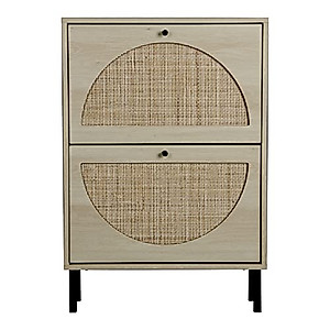 HomVent Rattan Shoe Cabinet with 2 Flip Drawers, Freestanding Rattan Shoe Organizer Hidden Shoe Storage Cabinet, Rustic Wood Entryway Shoe Rack for Entryway, Living Room (2 Drawers, Rattan)