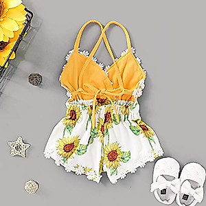 Happy Town Summer Toddler Baby Girl Clothes Cute Fruit/Flower Print Lace Trim Backless Romper Shorts Jumpsuit (Yellow, 18-24 Months)