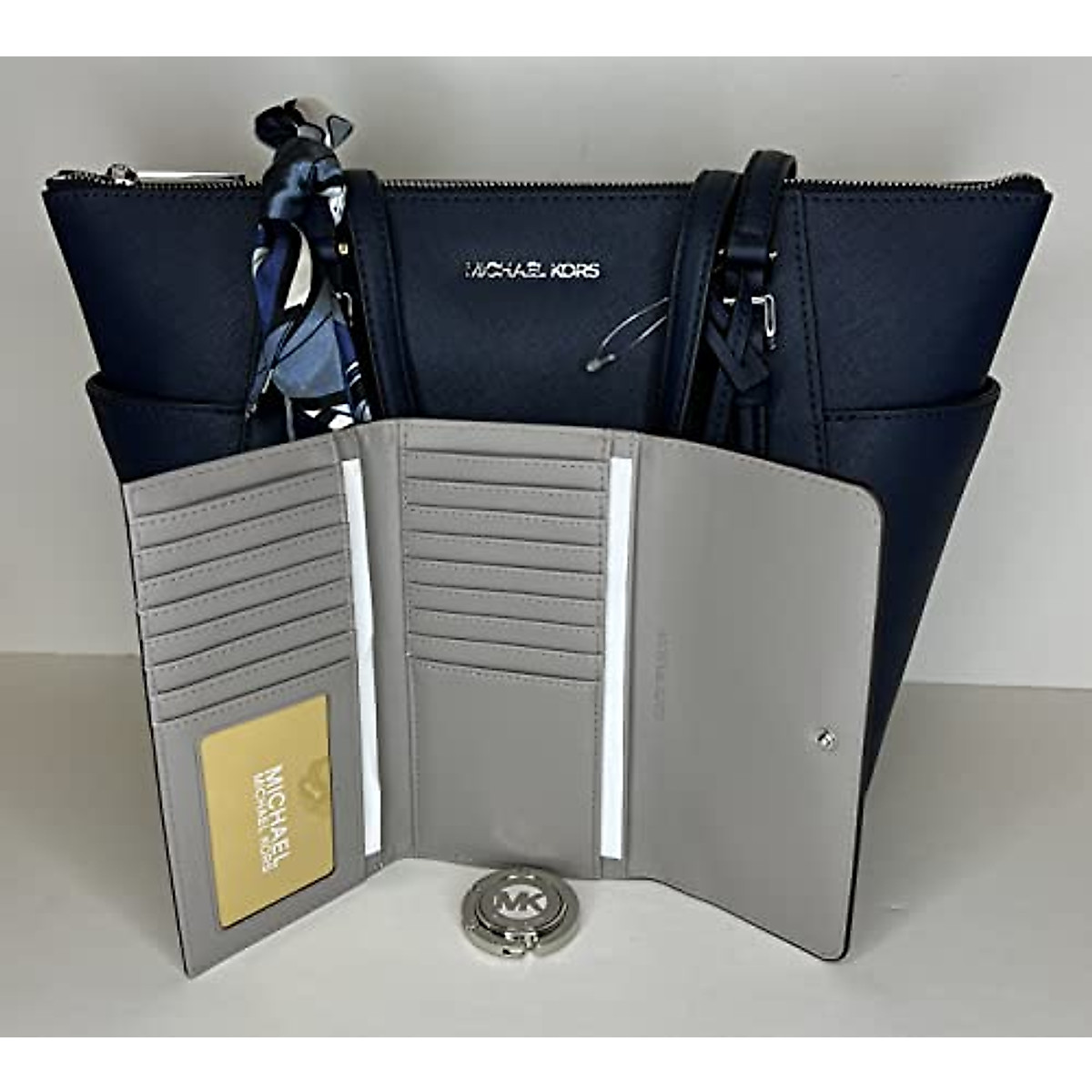 Michael Kors Charlotte Large Zip Tote bundled with matching Trifold Wallet Purse Hook (Navy/Signature MK Bright White)