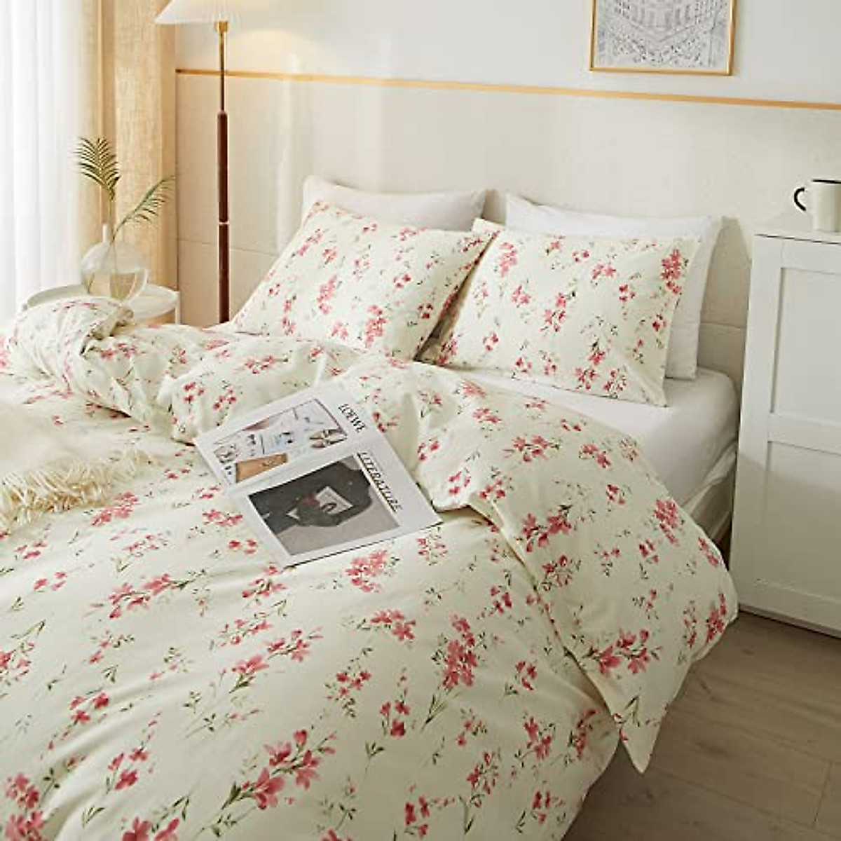 EAVD Pink Floral Duvet Cover Twin Soft 100% Cotton Aesthetic Bedding Set Chic Shabby Pink Floral Bedding Set for Girls Elegant Artistic Style Floral Comforter Set with Zipper Closure(NO Comforter)
