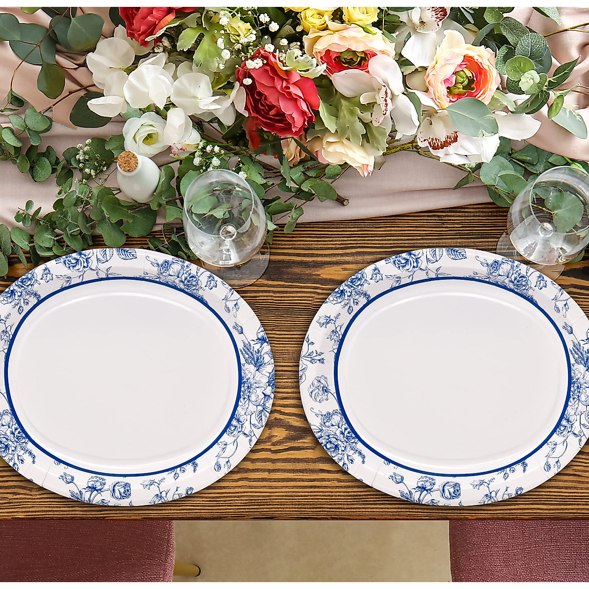 Gift Boutique 50 Blue Floral Oval Paper Plates 10" X 12" Large Disposable Platters Spring Summer Flowers Serving Dish Tray for Birthday Party Supplies