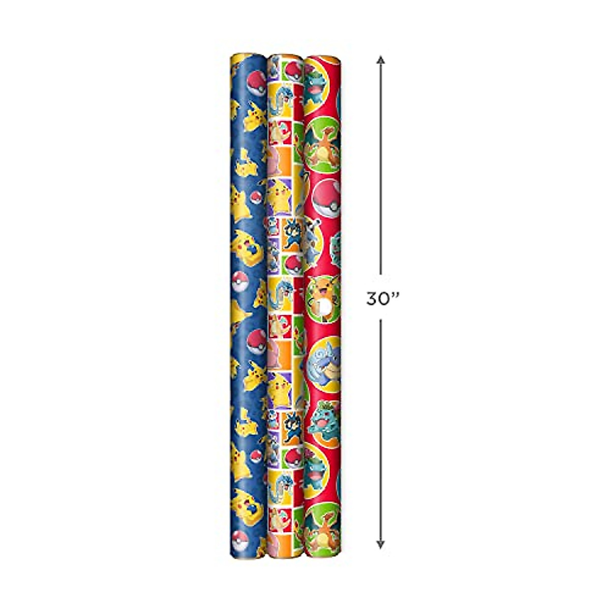 Hallmark Pokémon Wrapping Paper with Cutlines on Reverse (3 Rolls: 60 Sq. Ft. Ttl) with Pikachu, Charmander, Bulbasaur for Birthdays, Kids Parties, Gamers, Christmas Gifts