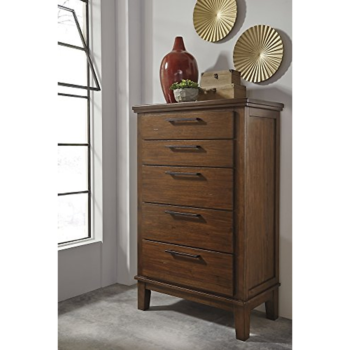 Signature Design by Ashley Ralene Mid-Century Modern 5 Drawer Chest of Drawers, Medium Brown