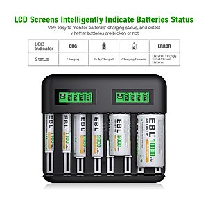 EBL LCD Rechargeable Battery Charger - 8 Bay AA AAA C D Battery Charger for Rechargeable Batteries Ni-MH AA AAA C D Batteries with 2A USB Port, Type C Input
