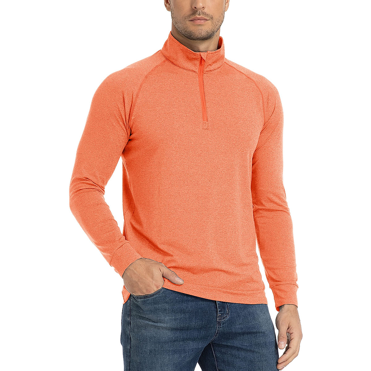 TACVASEN Men's Hiking Shirts Quarter Zip Pullover Long Sleeve Performance SPF Outdoor, Orange, M
