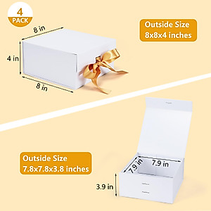 Giftgarden 4 Pack 8”x8”x4” White Gift Boxes with Ribbon Magnetic Lids, Collapsible Square Gift Wrap Box Magnet Clourse for Present, Christmas, Birthday, Wedding, Valentines, Bridesmaid Proposal Box
