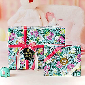 Konsait Flamingo Wrapping Paper, Monstera Palm Leaves Hawaii Safari Jungle Tropical Themed Wrap Paper Sheet for Gift Wrapping, Birthday, Baby Shower, Flowers Party Decoration Craft Supplies 29" x 20"