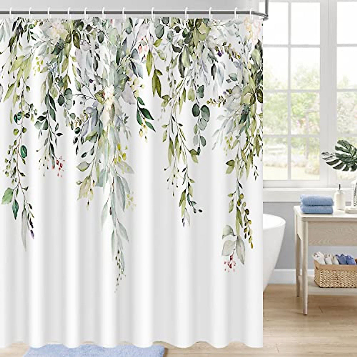 Nuseiis Sage Green Eucalyptus Shower Curtain, Watercolor Plant Leaves Shower Curtain with 12 Hooks, Decorative Botanical Shower Curtain 72 x 72 Inch
