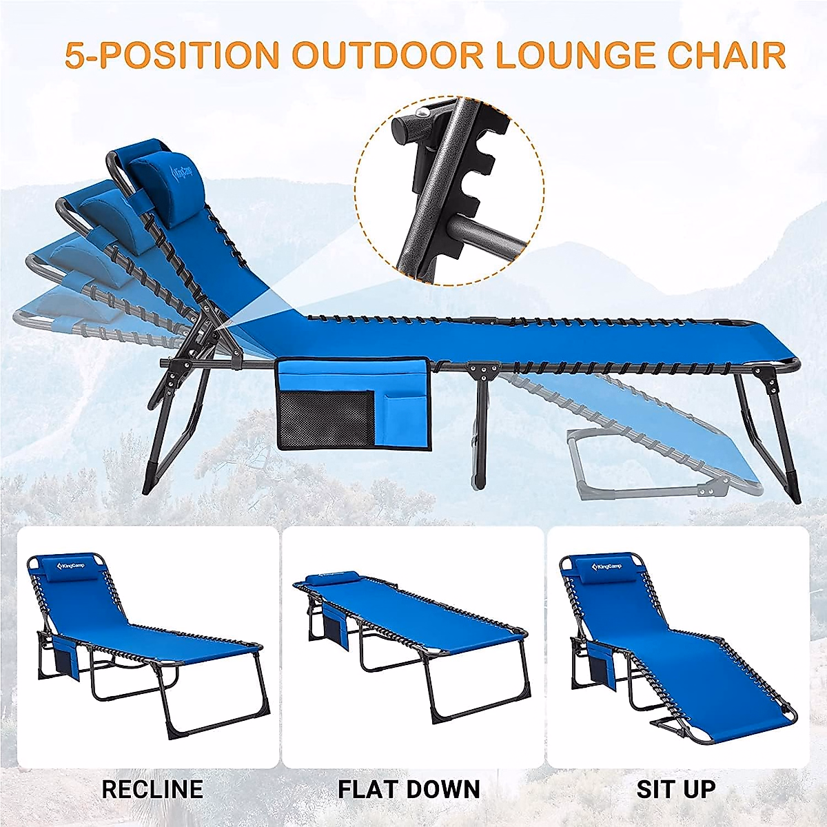 KingCamp Chaise Lounge Outdoor 5-Position Adjustable Patio Lounge Chair,Folding Tanning Chair for Lawn,Beach,Pool,Heavy-Duty Camping Reclining Chair