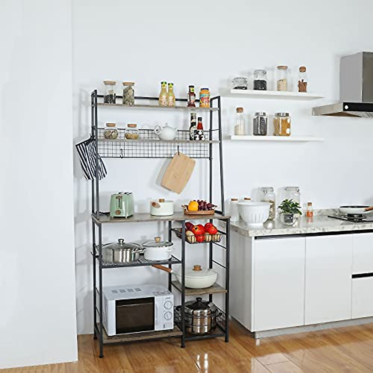 Kitchen Baker’s Rack with Storage Coffee Bar Station, 68inch Microwave Oven Stand with Pull-out Wire Basket 12 Hooks,5 Tier Storage Shelf with Mesh Panels for Utensils, Pots, Pans, Spices