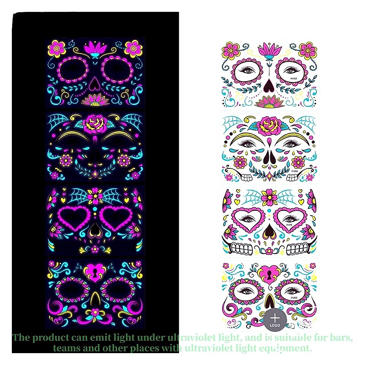 Beilingdun Halloween & Day of the Dead Sugar Skull Glowing Temporary Face Tattoos (8 Packs),Roses Spider Net and Floral Black Skeleton Web Red Roses Full Face Mask Tattoo for the halloween &Night Party