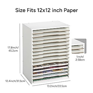 Caydo 15 Slot Paper Organizer Storage, Wood Adjustable Shelves Paper Storage Shelf with Extraction Slot for 12x12Inch Scrapbooks, Heat Transfer Papers, Files, Vinyl fo Office, Home (White)